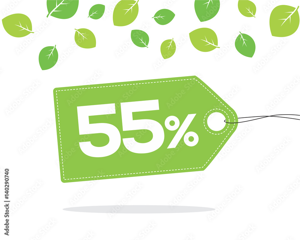 Green price tag label with 55% text and stitches on it and with shadow ...