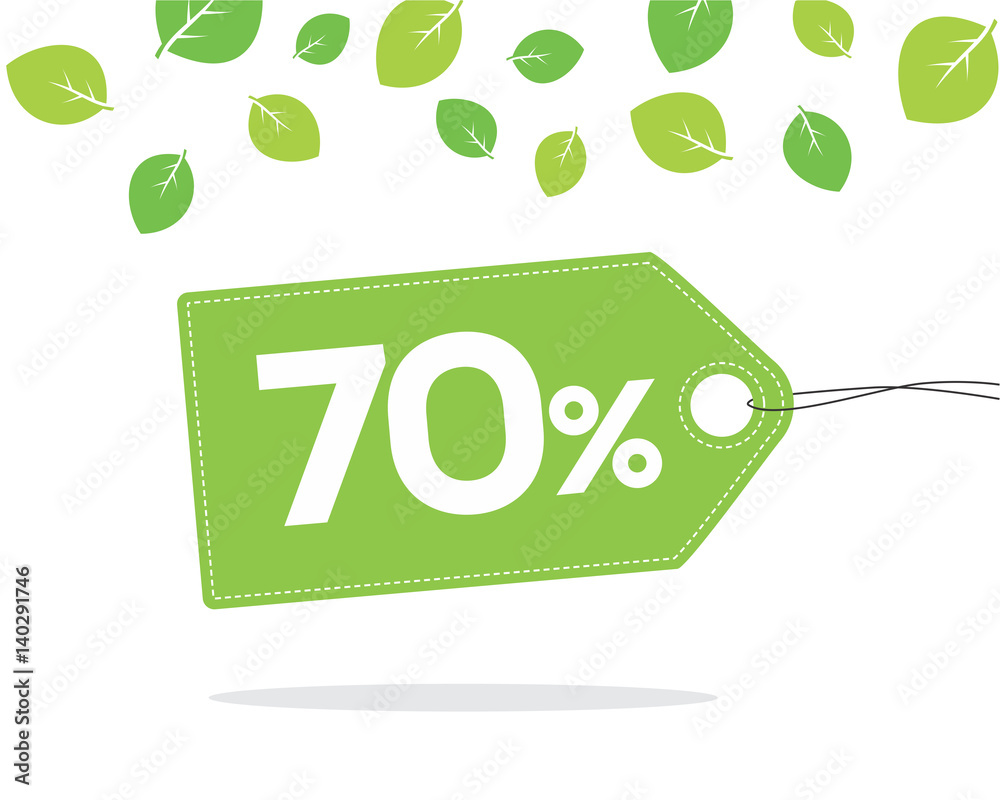 Green price tag label with 70% text and stitches on it and with shadow ...