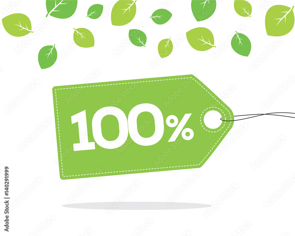 Green price tag label with 100% text and stitches on it and with shadow ...