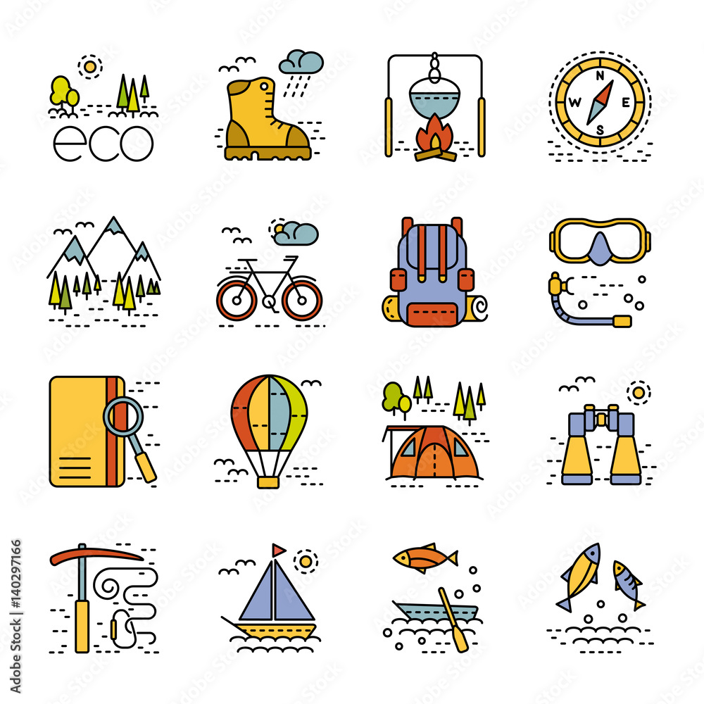Eco tourism icons set isolated on white background Stock Vector | Adobe ...