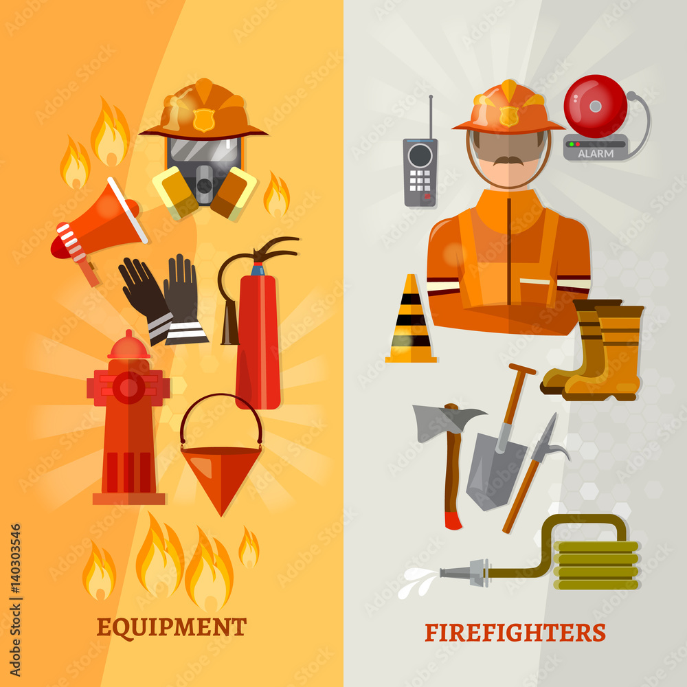 Professional firefighters banners fire safety equipment fireman vector ...