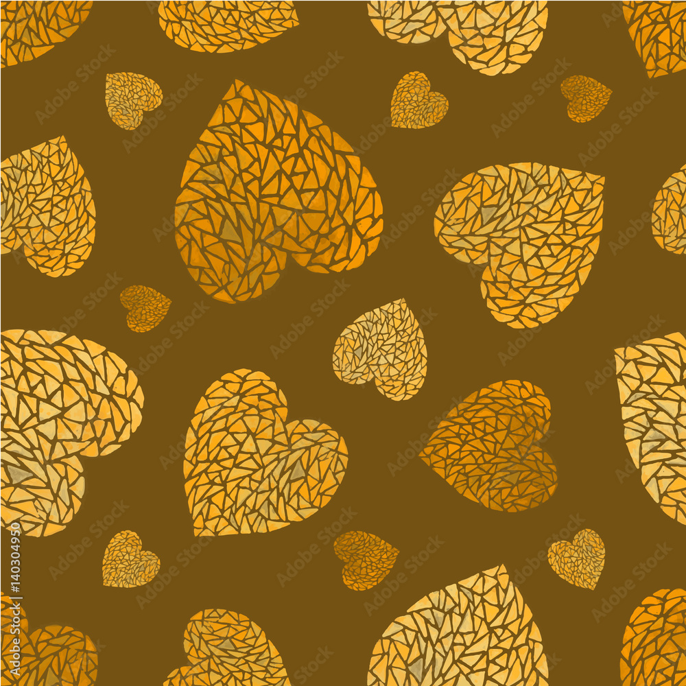 A pattern of gold hearts on a gold background. Watercolor illustration ...