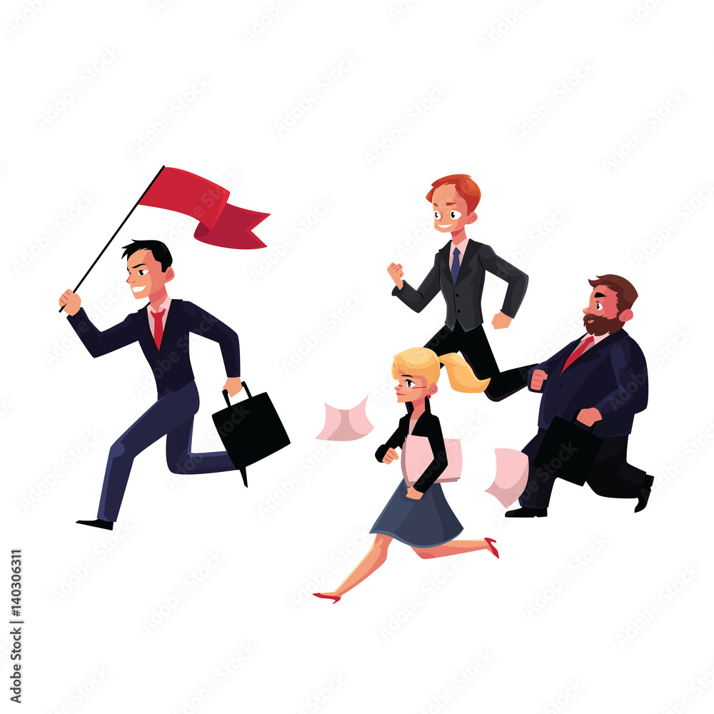 People running after, following the leader holding flag, business ...