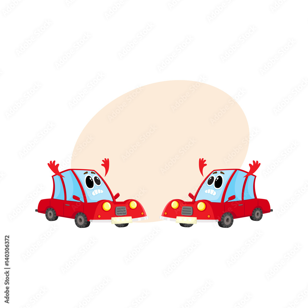 Two funny red car, auto characters absolutely dismayed and despaired ...