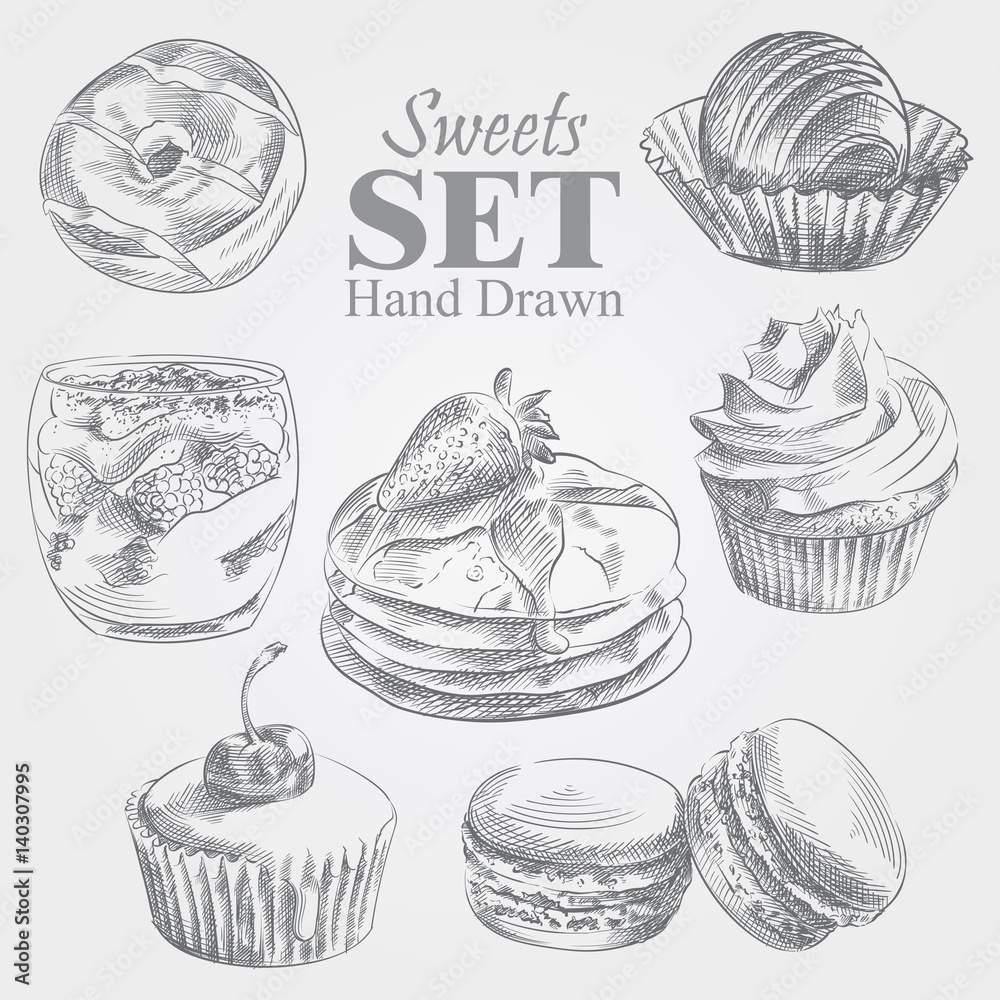 Set of hand drawn sketch desserts, sweets, bakery isolated on white ...