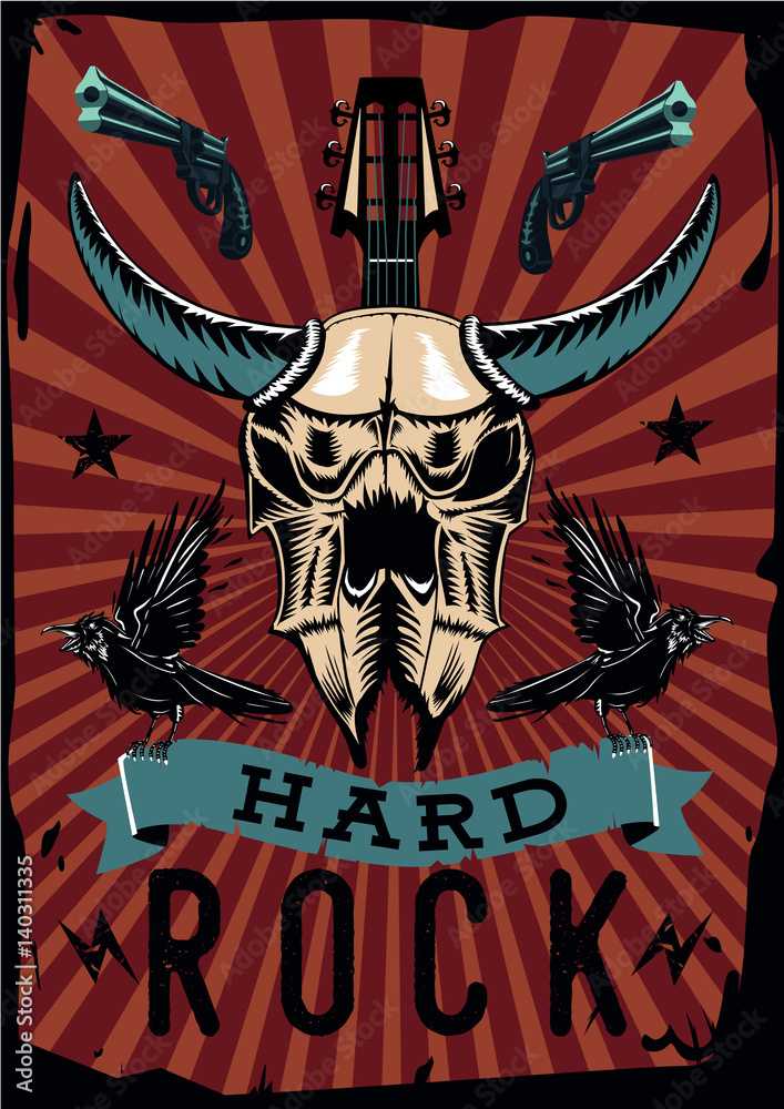 Hard rock poster with bull skull. Grunge style Stock Vector | Adobe Stock