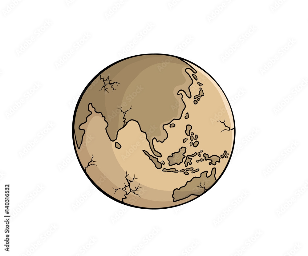 Earth icon with crack on white background. World map in doodles or ...