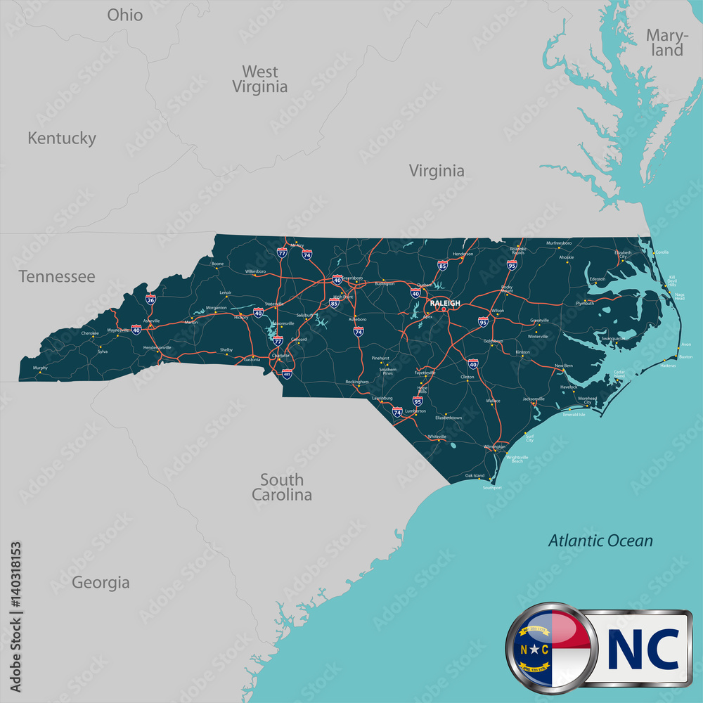 Map of state North Carolina, USA Stock Vector | Adobe Stock