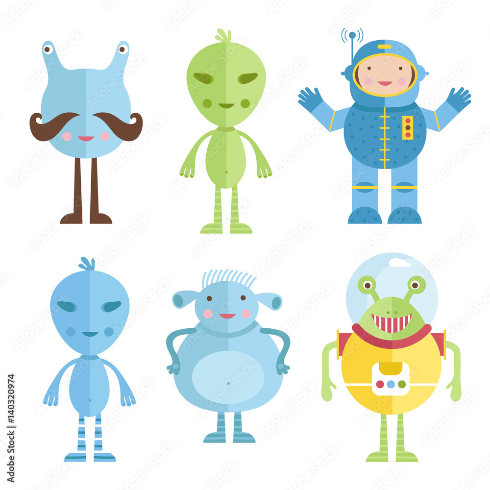 Space characters cartoon icons. Cute mustached, green, blue, dressed in ...