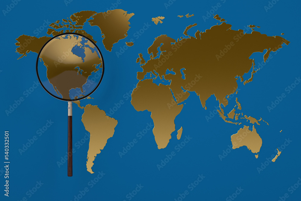 Gold world map magnifying glass.3D illustration. Stock Illustration ...