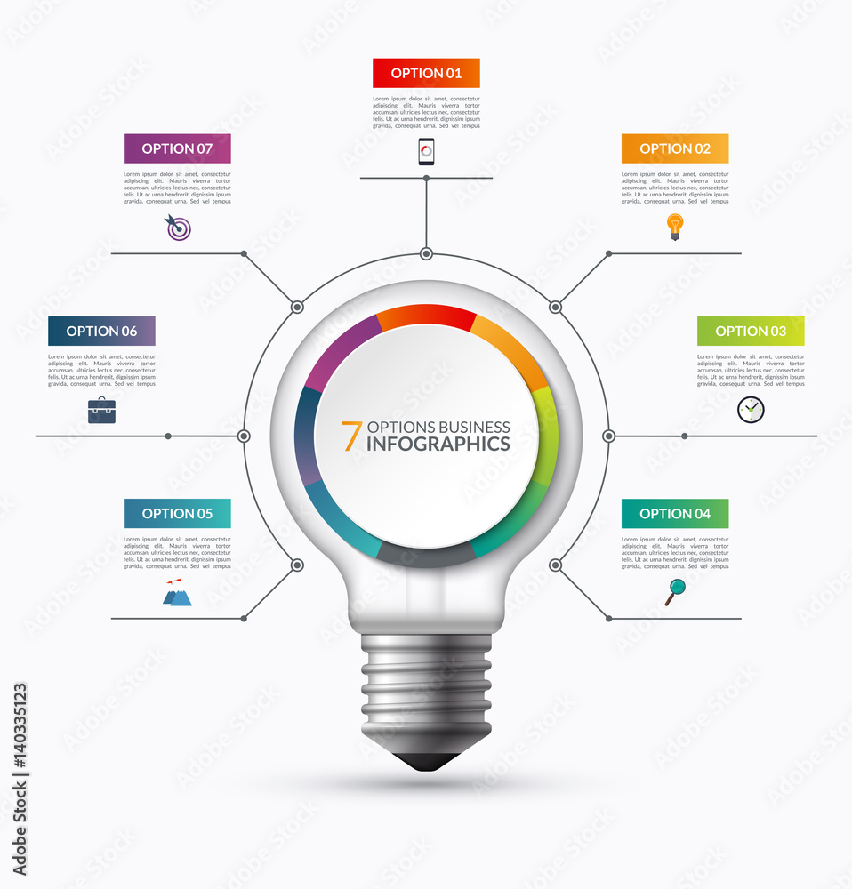 Lightbulb infographic template with 7 options. Creative business ...