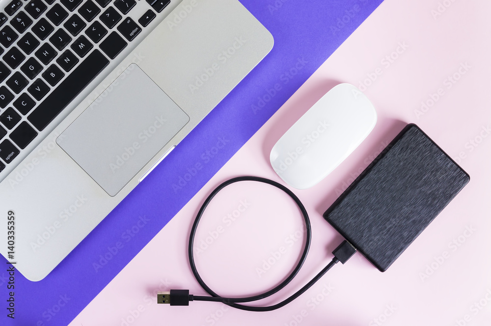 Flat lay, top view office table desk. Workspace with notebook, external ...