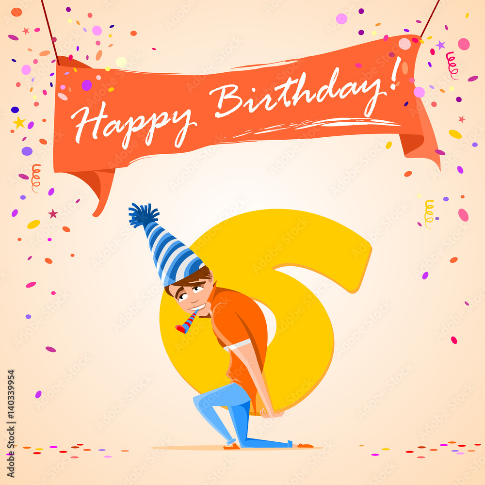 confused boy holding the number 6 on a colorful background. banner ...