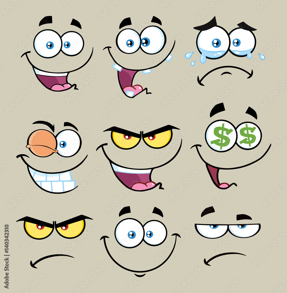 Cartoon Funny Face With Expression Set 1. Collection With Gray ...