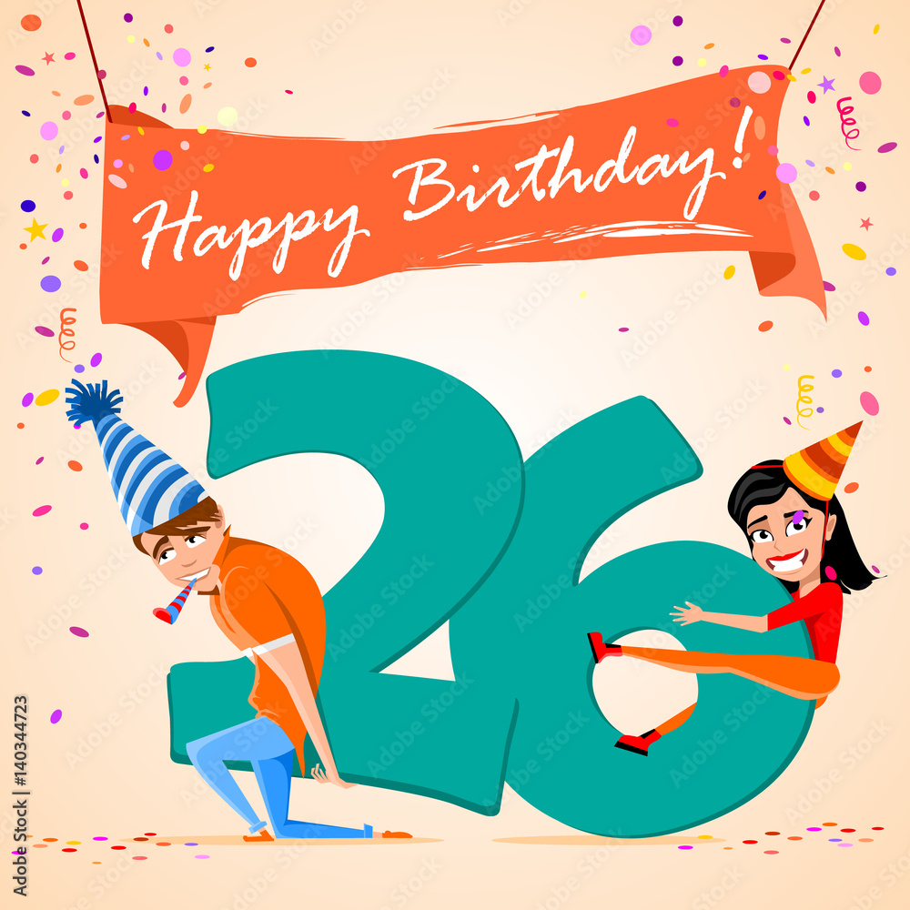 confused boy holding the number 26 on a colorful background. banner ...