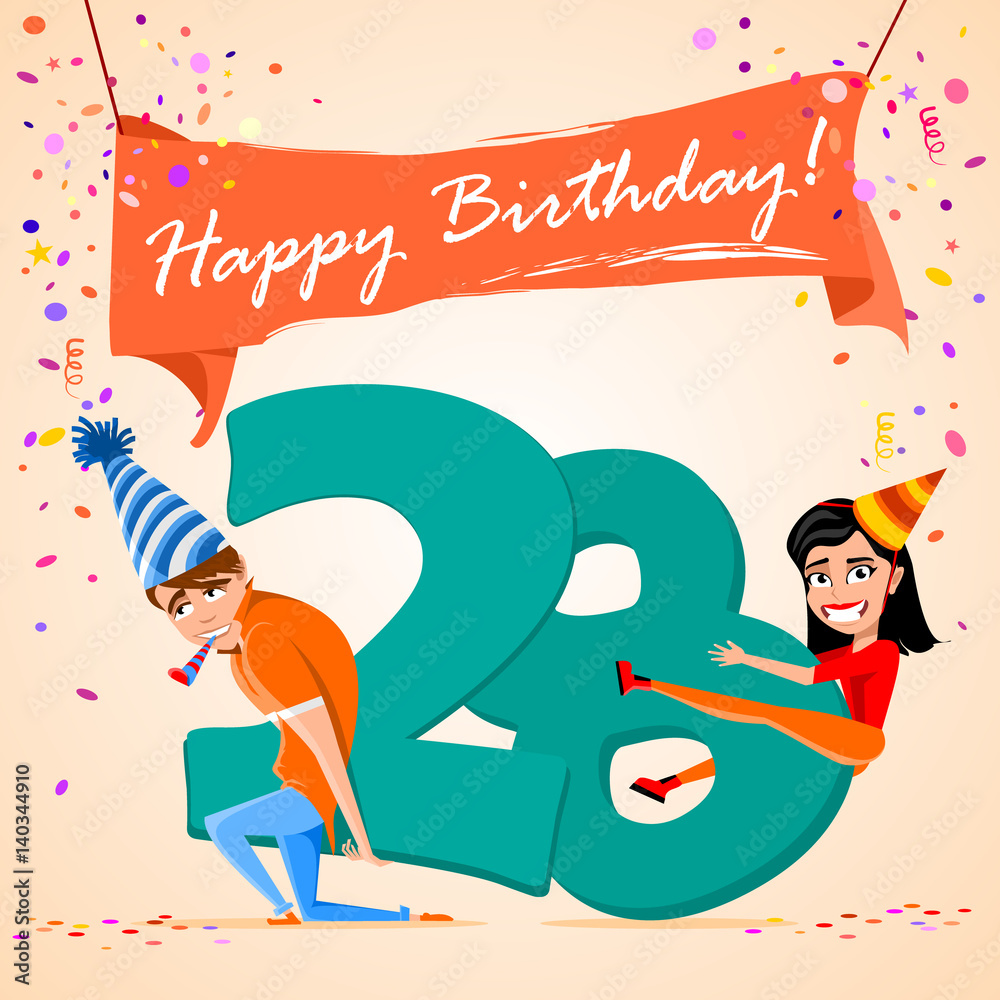 confused boy holding the number 28 on a colorful background. banner ...