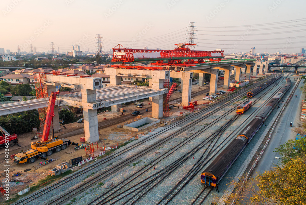Freight and passenger train waiting at the train station parking lot ...