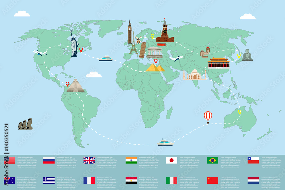 Infographic world landmarks on map. Vector wall mural wallpaper ...