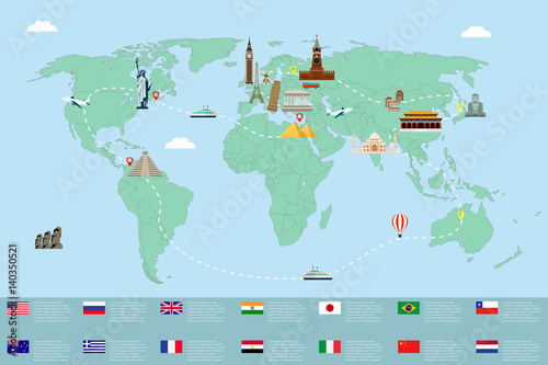Infographic world landmarks on map. Vector wall mural wallpaper ...