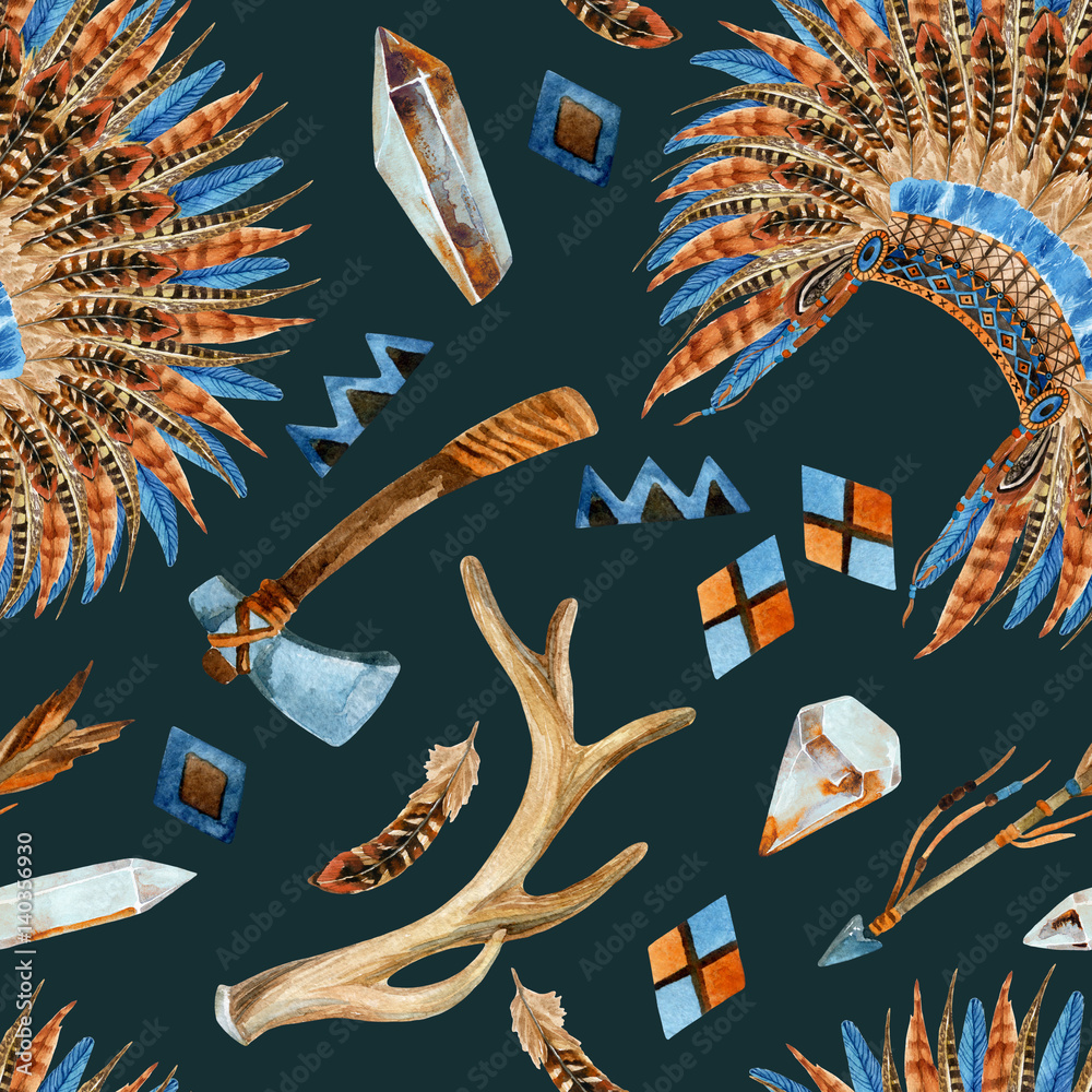 Tribal watercolor seamless pattern with native american headdresses ...