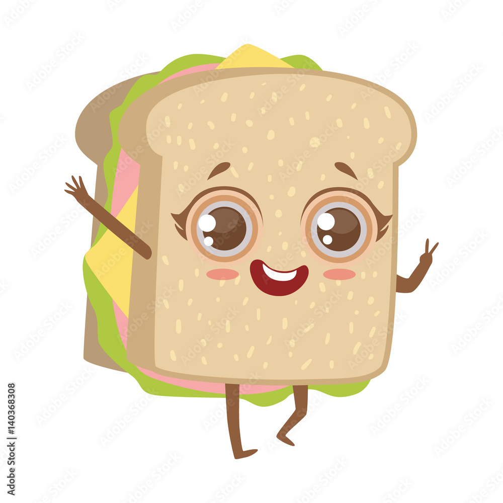 Sandwich Cute Anime Humanized Cartoon Food Character Emoji Vector ...