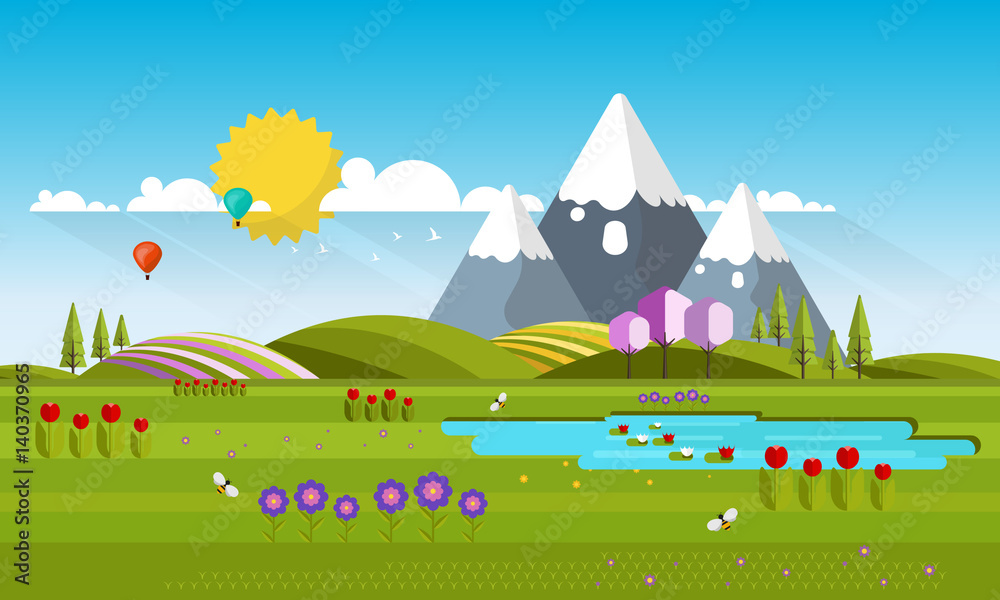 Beautiful Vector Spring Landscape in Flat Design Style Stock Vector ...