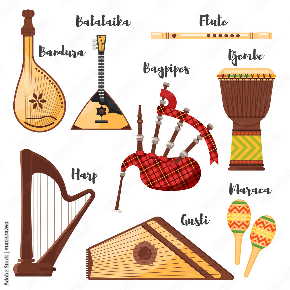 Vector flat style set of various traditional folk musical instruments ...