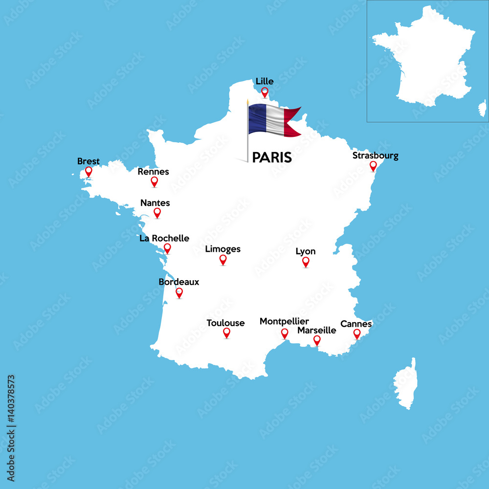 A detailed map of France with indexes of major cities of the country ...