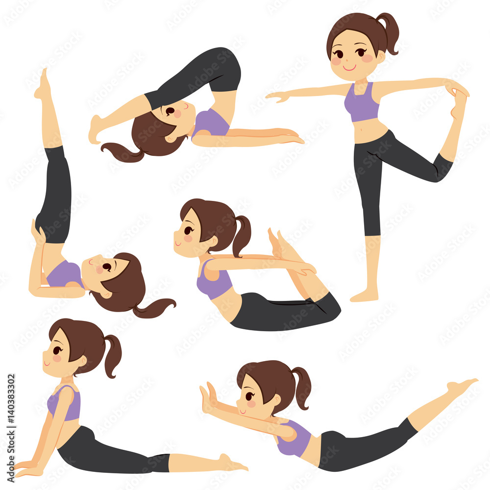Set with beautiful girl exercising various different yoga poses ...