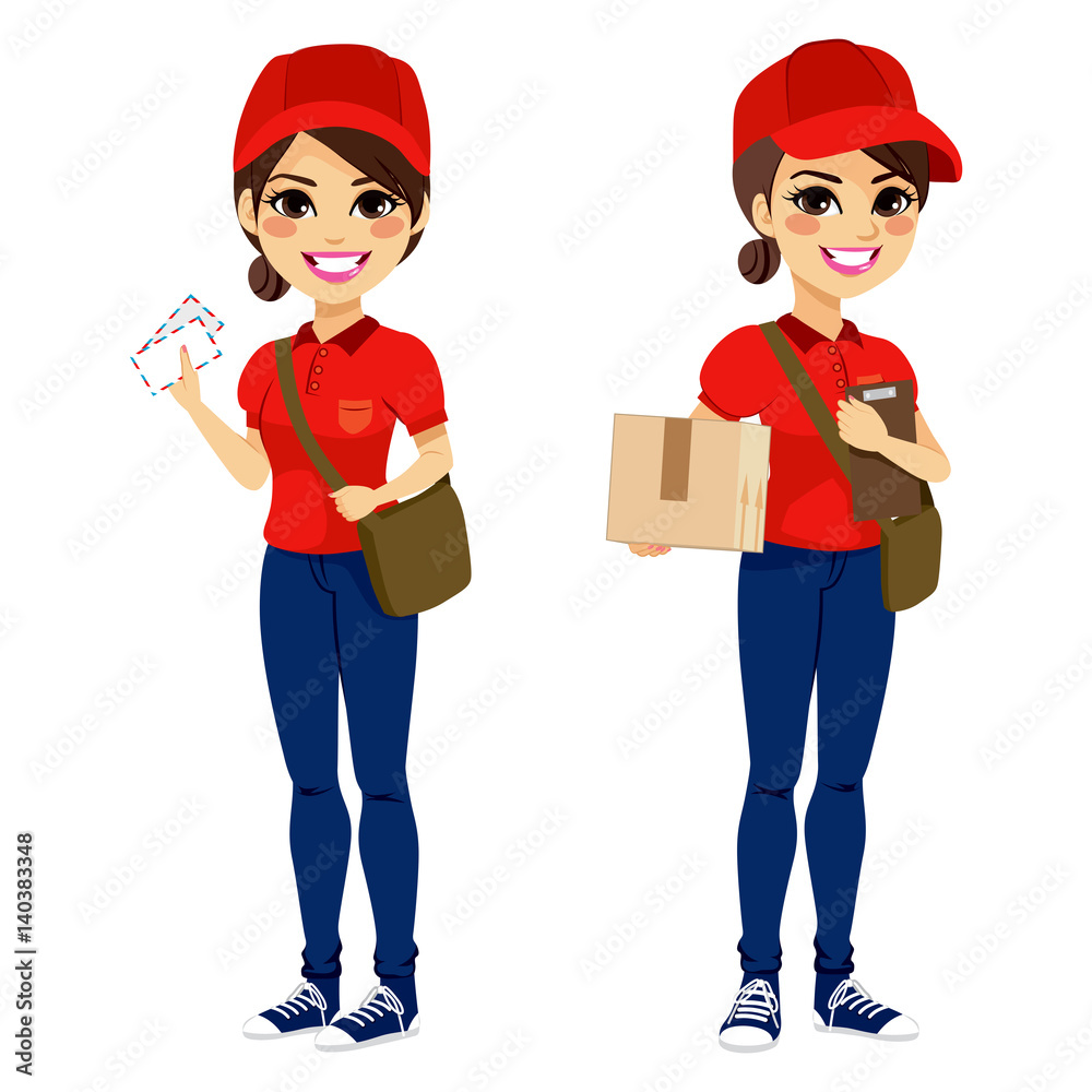 Full body young post woman delivering mail and parcel with leather bag ...
