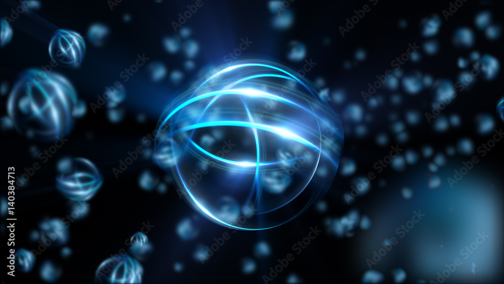 3D Atom icon. Luminous nuclear model on dark background. Glowing bots ...