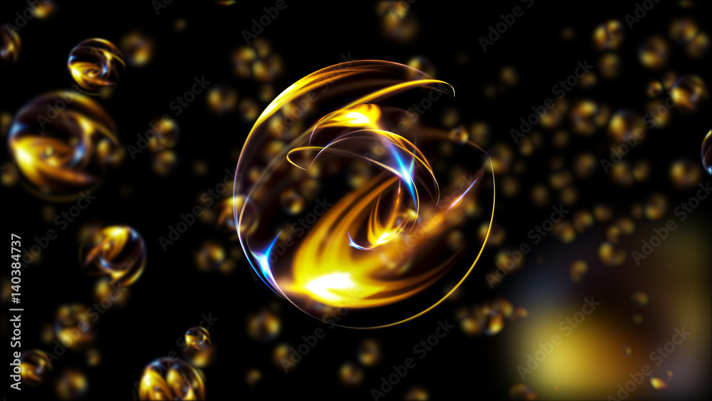 3D Atom icon. Luminous nuclear model on dark background. Glowing bots ...