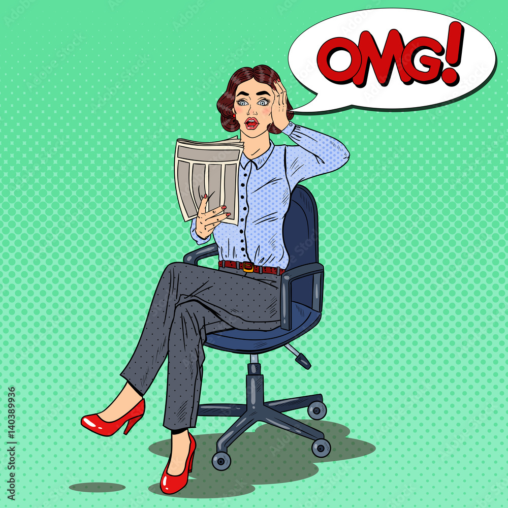 Pop Art Shocked Woman Reading a Newspaper. Bad News. Vector ...