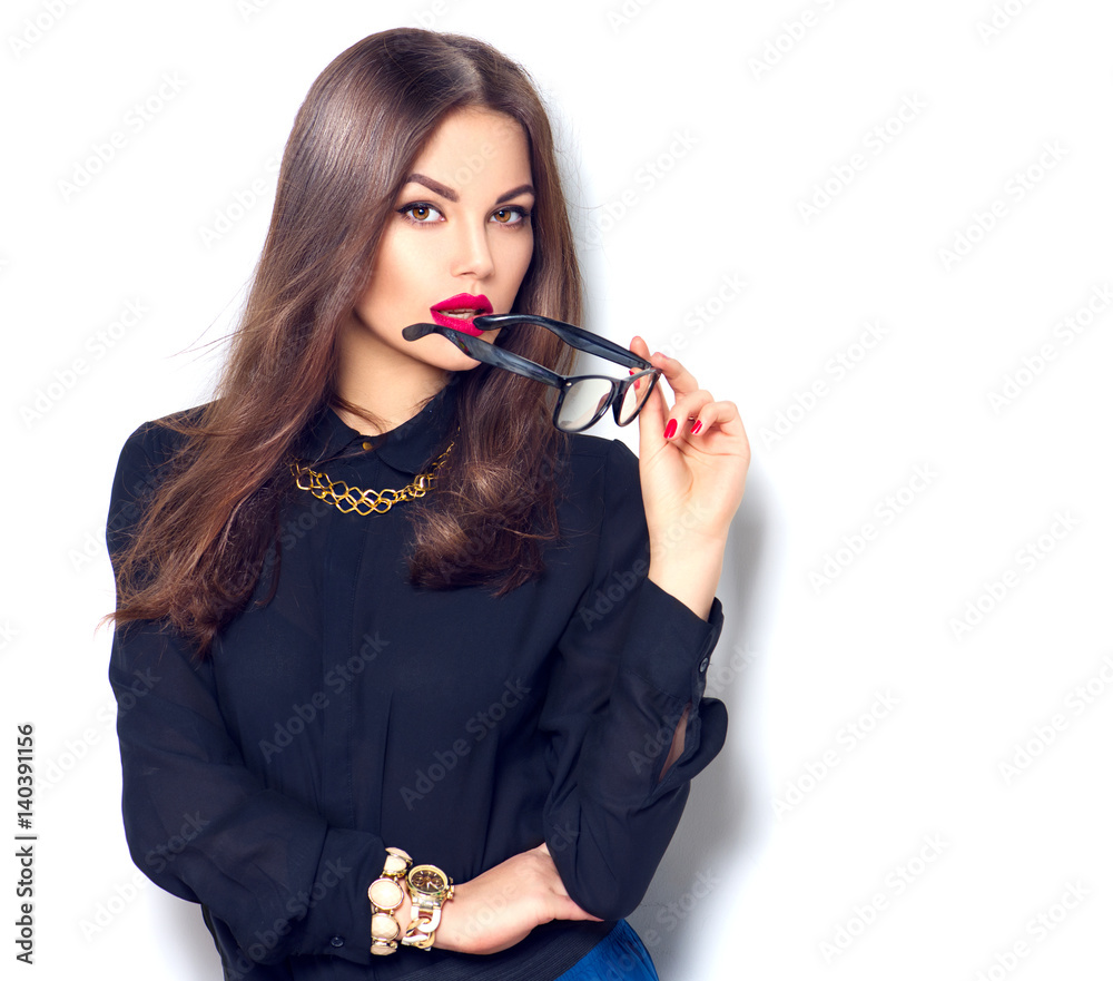 Beauty sexy fashion model girl wearing glasses, isolated on white Stock ...