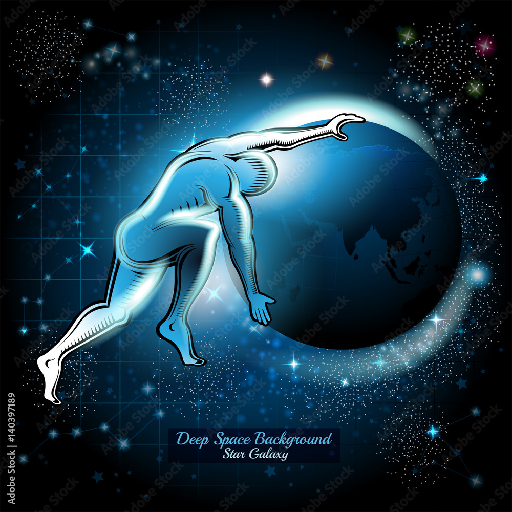 Atlant push night earth in space with starry sky background Stock ...