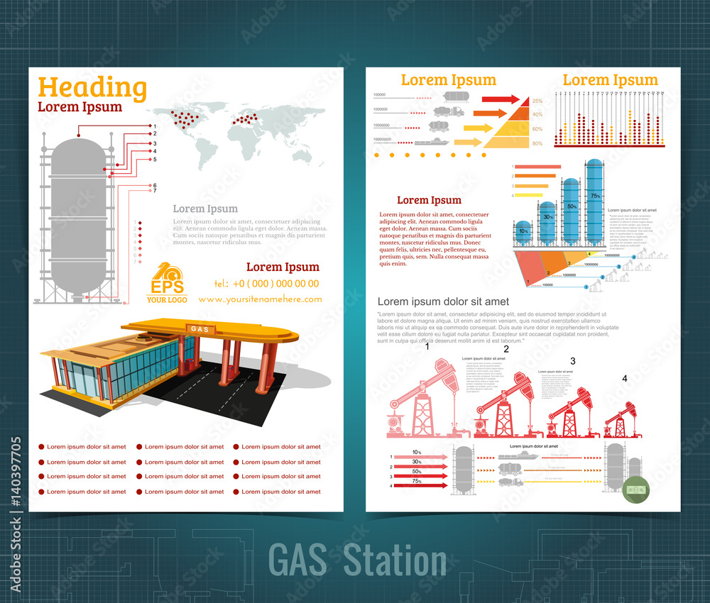 Two sided business brochure or flyer, gas station info graphic ...