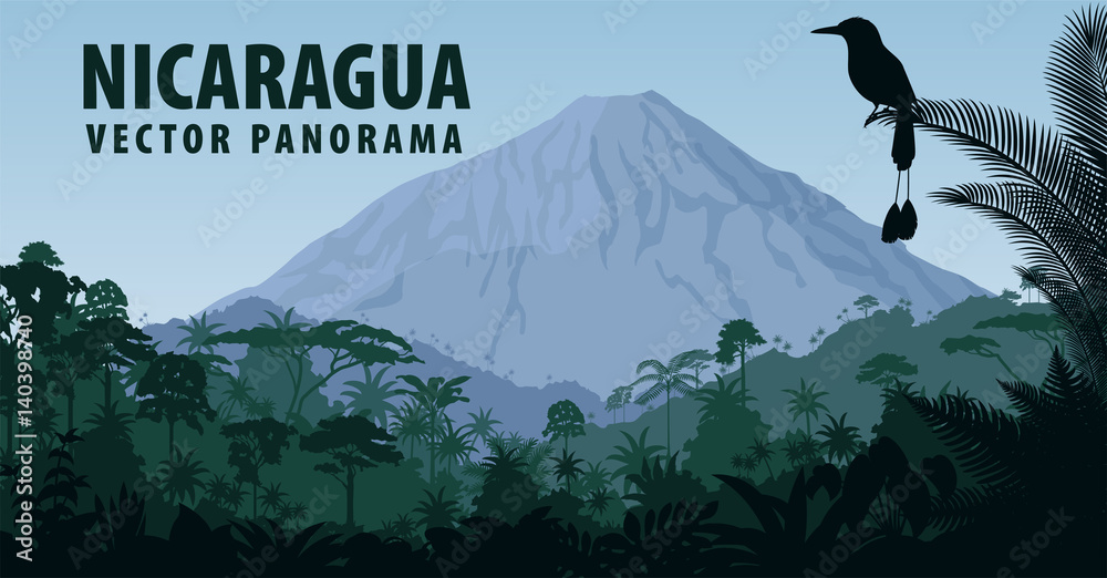 vector panorama of Nicaragua with vulcano in jungle rainforest and ...