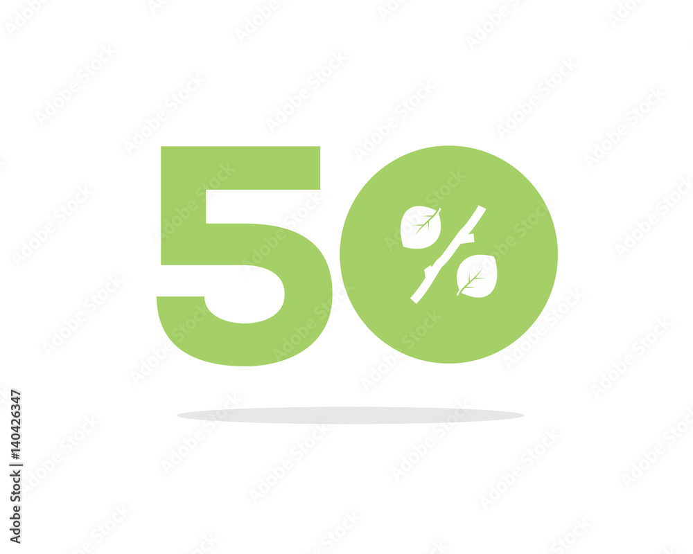 Vector green 50% text designed with a leaf and stick branch percent ...