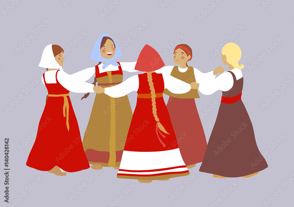Vetor de Russian girls in traditional clothes dance. A set of cartoon ...