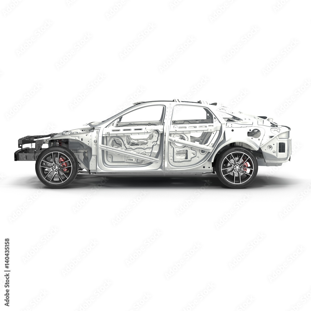 Skeleton of a car with Chassis on white. Side view. 3D illustration ...