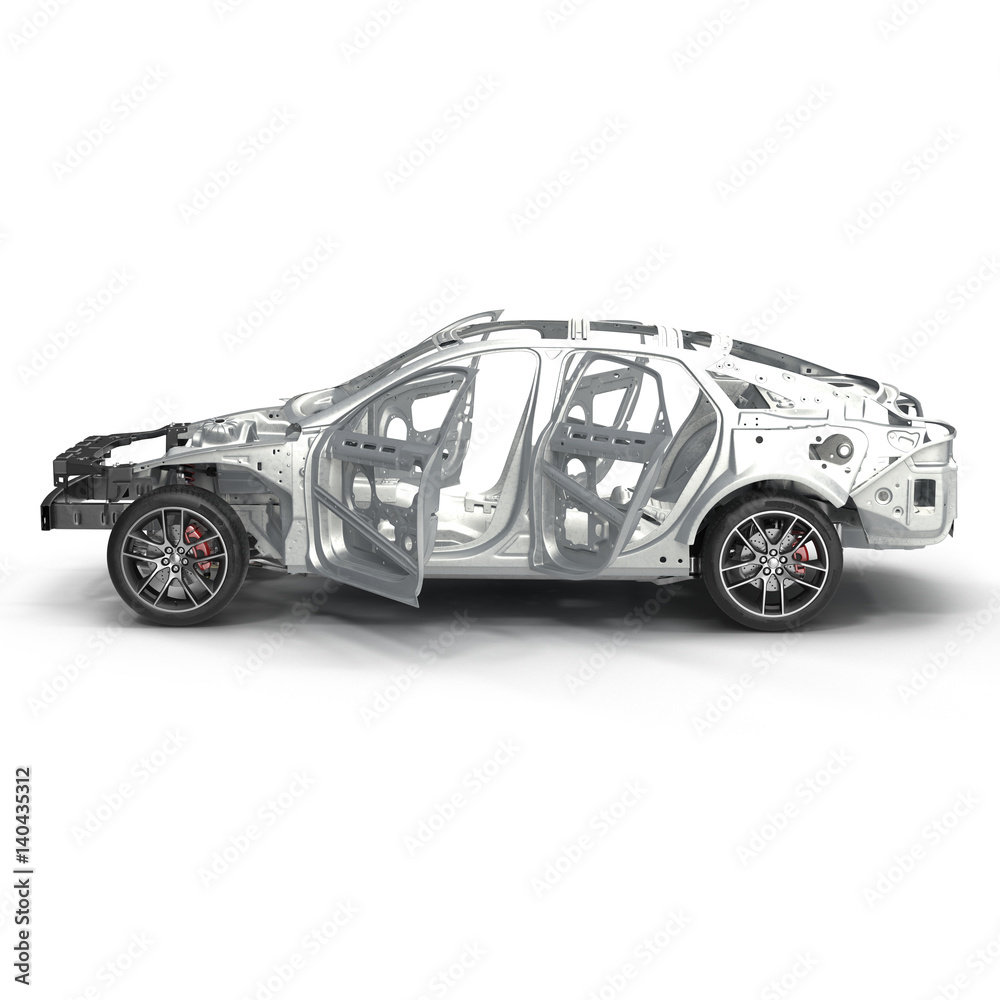 Skeleton of a car with Chassis on white. Side view. 3D illustration ...