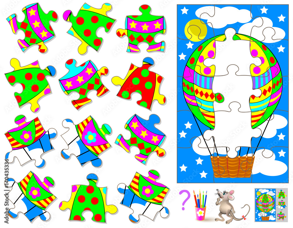Logic puzzle game. Find and draw three missing pieces that corresponds ...