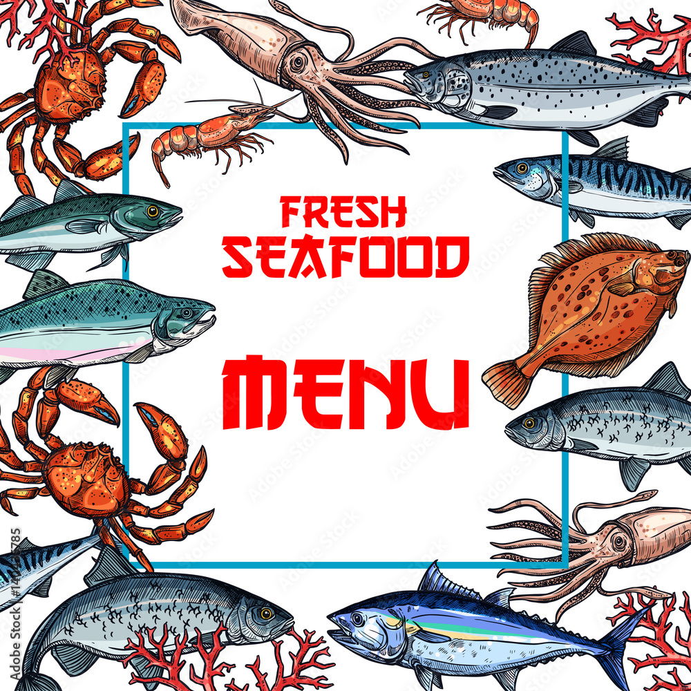 Seafood menu card or poster vector template Stock Vector | Adobe Stock