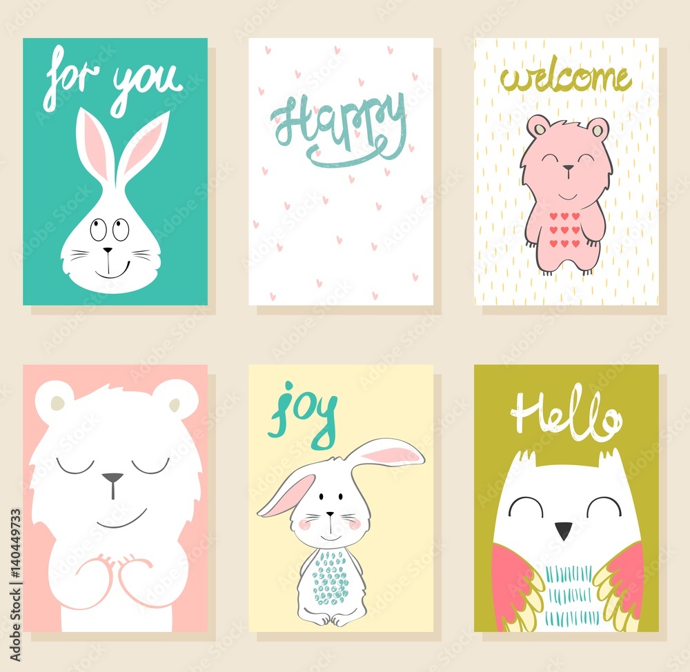 Collection of cute artistic cards for kids. Funny animals in vector ...