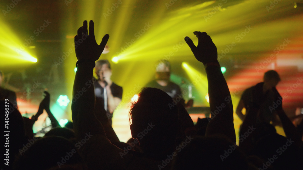 Fans waving their hands. People crowd partying at rock concert in night ...