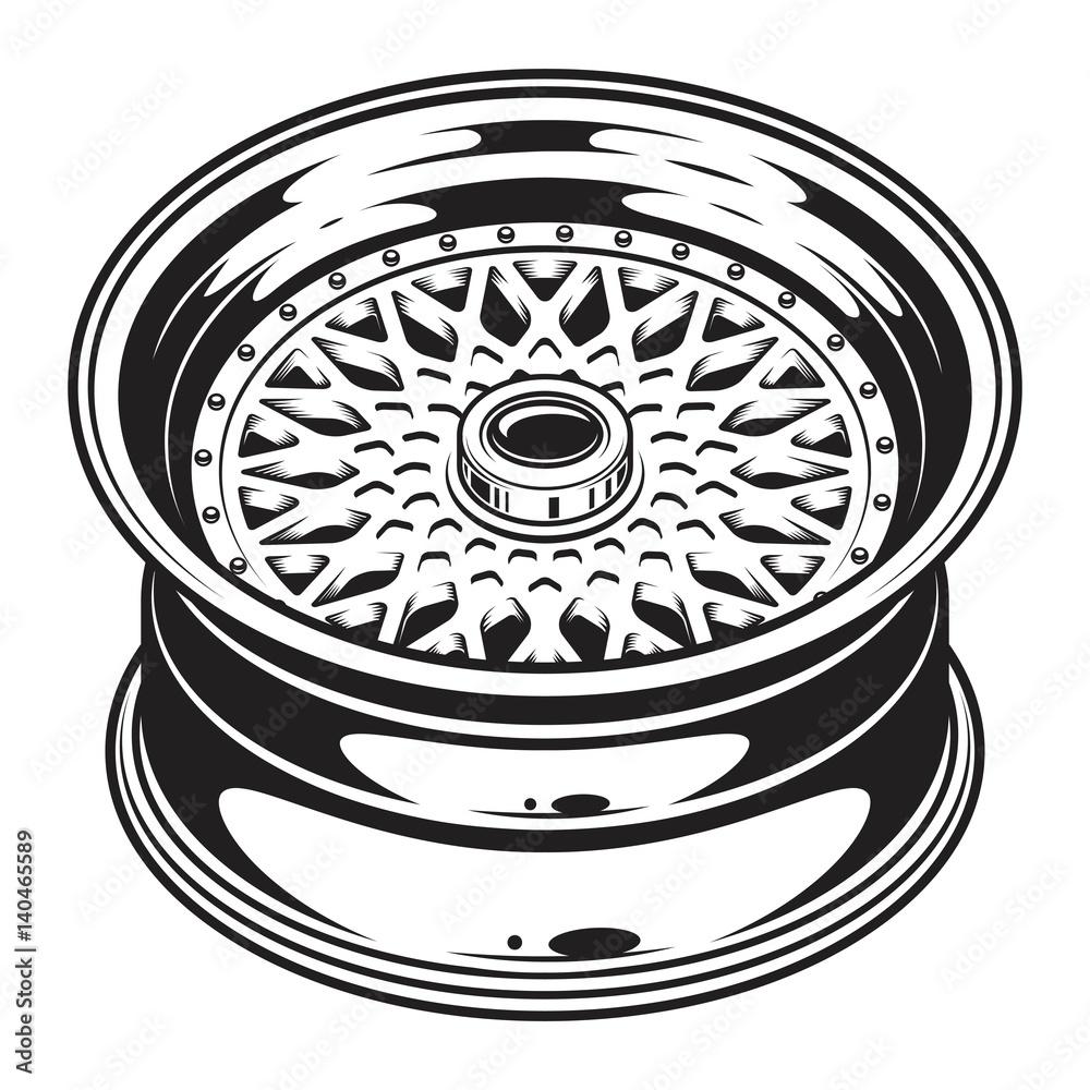 Isolated monochrome illustration of car wheel rim on white background ...