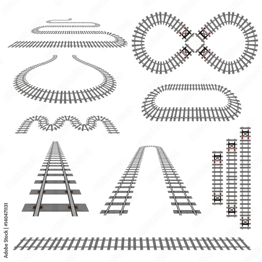 Set of new railroad curves, perspectives, turns, twists, circles and ...