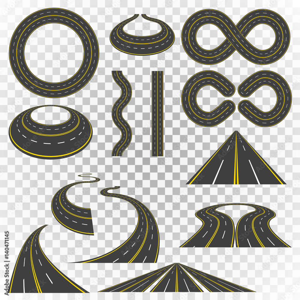 Set of asphalt road curves, perspectives, turns, twists, circles ...