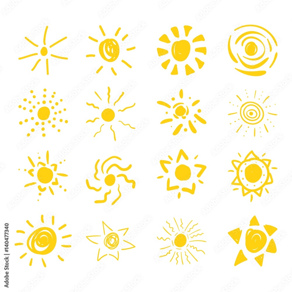 Set of sun symbols hand drawn by yellow and red highlighters. Optimized ...