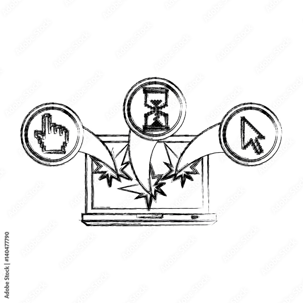 blurred silhouette tech laptop broken with icons vector illustration ...